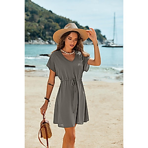 Ekouaer Women's Cover Ups Casual Swimsuit Coverups Flowy Tie Waist Beach Cover Up Dress(Grey, Large)