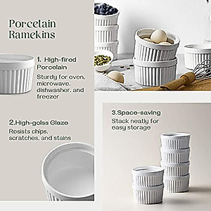 DOWAN 4 oz Ramekins for Creme Brulee Porcelain Ramekins Oven Safe, Classic Style Ramekins for Baking Souffle Ramekins Bowls, Set of 6, White