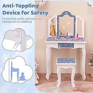 Olakids Kids Vanity Set, 2 in 1 Wooden Princess Makeup Table and Chair Set with Detachable Tri-Folding Mirror Storage Drawer, Snowflake Themed Girls Pretend Beauty Dressing Play Toy Gift (Blue)
