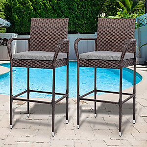 VINGLI Outdoor Wicker Bar Stools Set of 2 with Cushions, Outdoor Bar Chairs Bar Height Tall Patio Chairs, Outdoor Barstools for Garden Pool Lawn Backyard