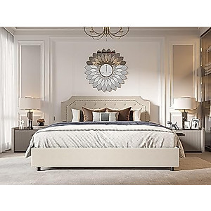 BONSOIR Queen Size Sand Color Bed Frame Upholstered Low Profile Traditional Platform with Tufted and Nail Headboard
