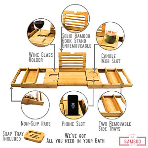 XcE Bathtub Caddy Tray Expandable to 105cm with Bamboo Book Stand and Soap Tray, Natural