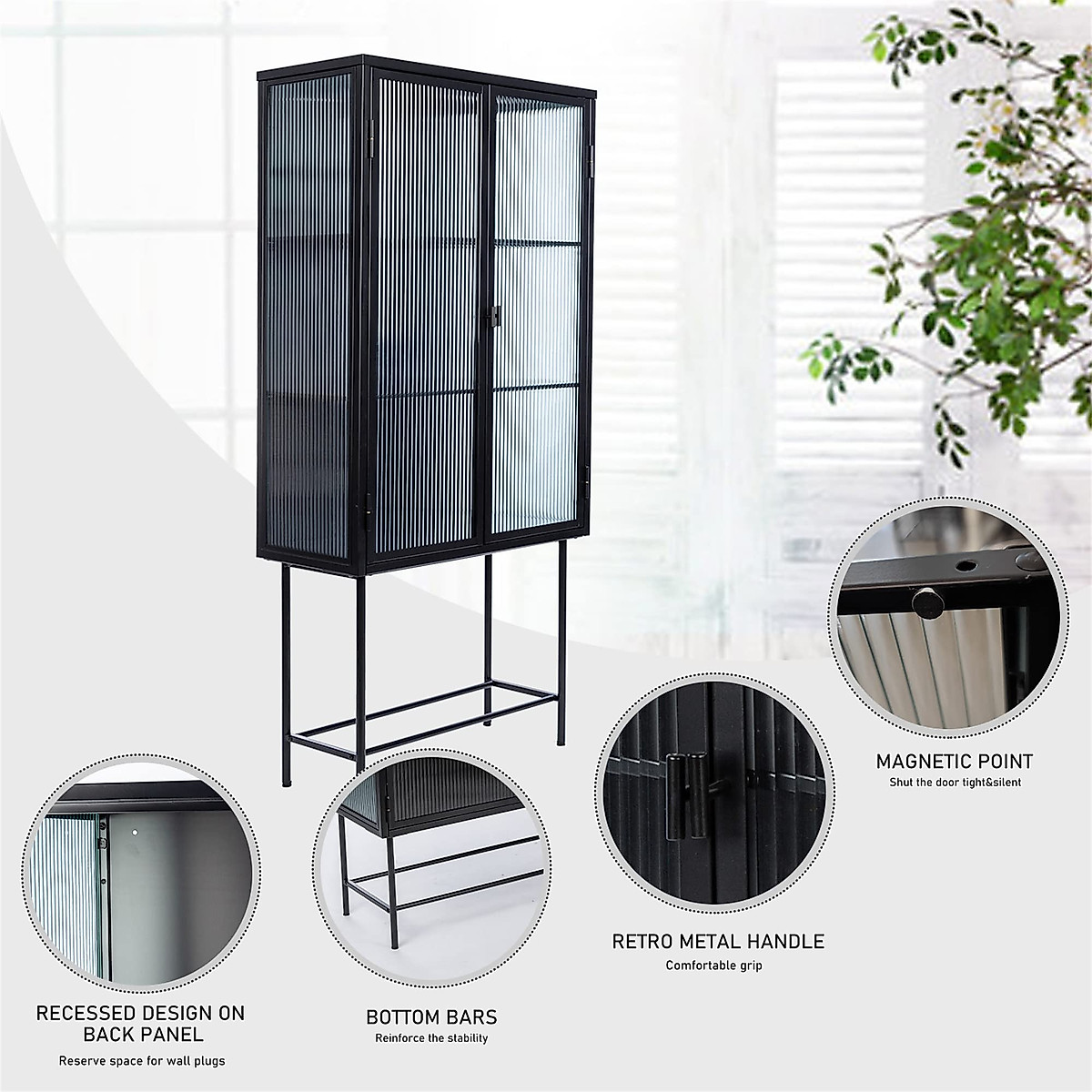 Retro Style Fluted Glass Storage Cabinet,Corner Cabinet Sideboard for Dining Room Entryway (Black)