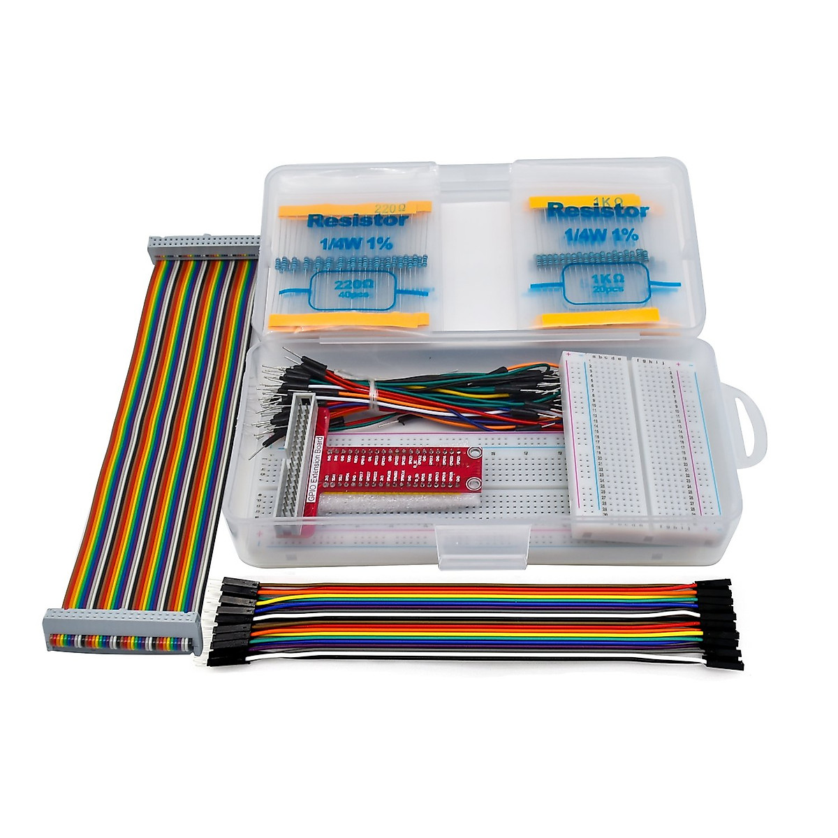 REXQualis Accessories kit Compatible with Raspberry Pi 4 3B+ 3B 2B B+ A+ Zero w/Solderless Breadboard + GPIO T Type Expansion Board + Jumper Wires + Rainbow Ribbon Cable + Resistors