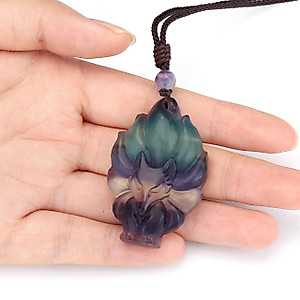 Jovivi Natural Fluorite Nine-Tailed Fox Crystal Necklace Healing Stones Gemstone Necklaces Pendant Protection Amulet Charm