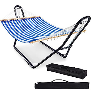 Poolside Hammock with Stand, 2 Person Indoor Outdoor Backyard Beach Patio Hammock, Waterproof UV Resistance, 2 Bags Included. (Blue & White)