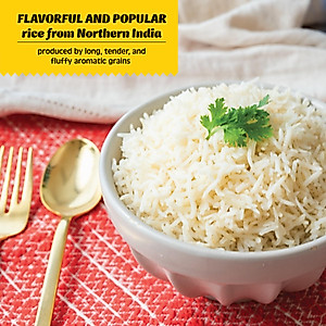 Authentic Ultra Long Parboiled Basmati Rice by Khazana in 10 lb Bag - Aromatic and Flavorful Indian Grain - Non-GMO, Gluten Free, Kosher, Cholesterol Free