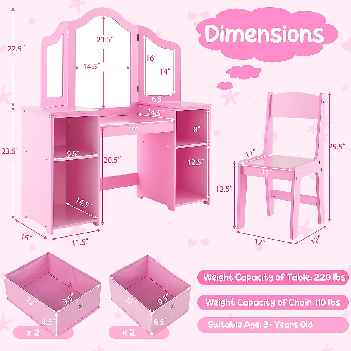Costzon Kids Vanity, 2 in 1 Princess Makeup Desk & Chair Set with Tri-Folding Mirror, 4 Storage Bins, Wooden Toddler Vanity Dressing Table, Pretend Play Vanity Set for Little Girls (Pink)