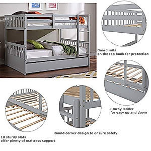 Full Over Full Bunk Bed with Trundle, Convertible to 2 Full Size Platform Bed, Full Size Bunk Bed with Ladder and Safety Rails for Kids, Teens, Adults, Grey