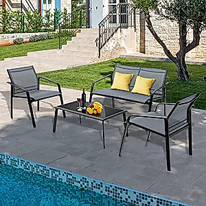 Tangkula 4 Pieces Patio Furniture Set, Outdoor Conversation Set with Tempered Glass Coffee Table, Outdoor Bistro Set with Fabric and Anti-Rust Steel Frame for Garden, Poolside and Backyard (Gray)