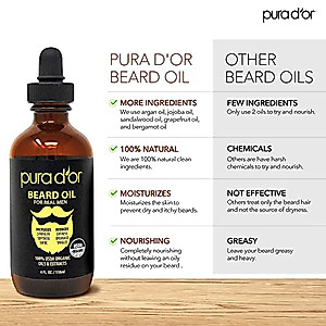 PURA D'OR Organic Beard Oil (4oz / 118mL) 100% Pure - USDA Certified - Natural Leave-In Conditioner, Argan & Jojoba Oil - Mustache Care & Maintenance, Increase Softness & Strength (Packaging may vary)