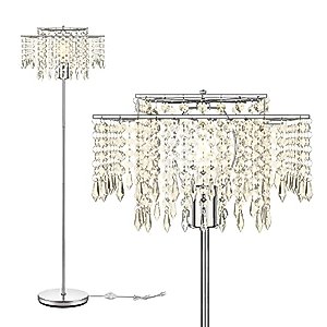Mlambert Double-Layer Modern Lampshade Crystal Floor Lamp for Bedroom for Livingroom,Elegant Standing Lamp,61.57" Tall Pole Lamp,Suitable for Bedroom,Livingroom,6W LED Bulb Included,Silver