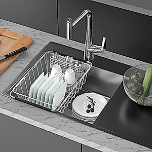 Large Sink Dish Drying Rack, Expandable 304 Stainless Steel Metal Dish Drainer Rack Organizer Shelves with Stainless Steel Utensil Holder Over Inside Sink, Rustproof