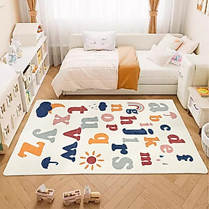 ABREEZE Play Mat, Faux Wool Kids Play Area Rugs 4' x 5.3' Non-Slip Childrens Carpet ABC Number Educational Learning & Game Decor Living Room Bedroom Playroom Nursery Best Shower Gift