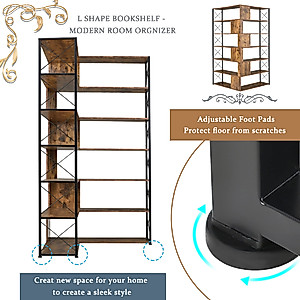 Corner Bookcase, 7-Tier L-Shaped Tall Bookshelf with Open Storage, Freestanding Industrial Etagere Shelf with Metal Frame for Home Office Funiture, Brown