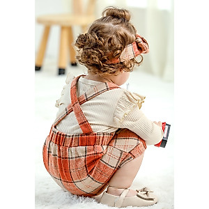 YOUNGER STAR Infant Baby Girl Fall Outfits Romper Jumpsuit Strap Skirt Clothes Set Baby Girl Clothing (3-6 Months,Rust-red khaki plaid skirt)