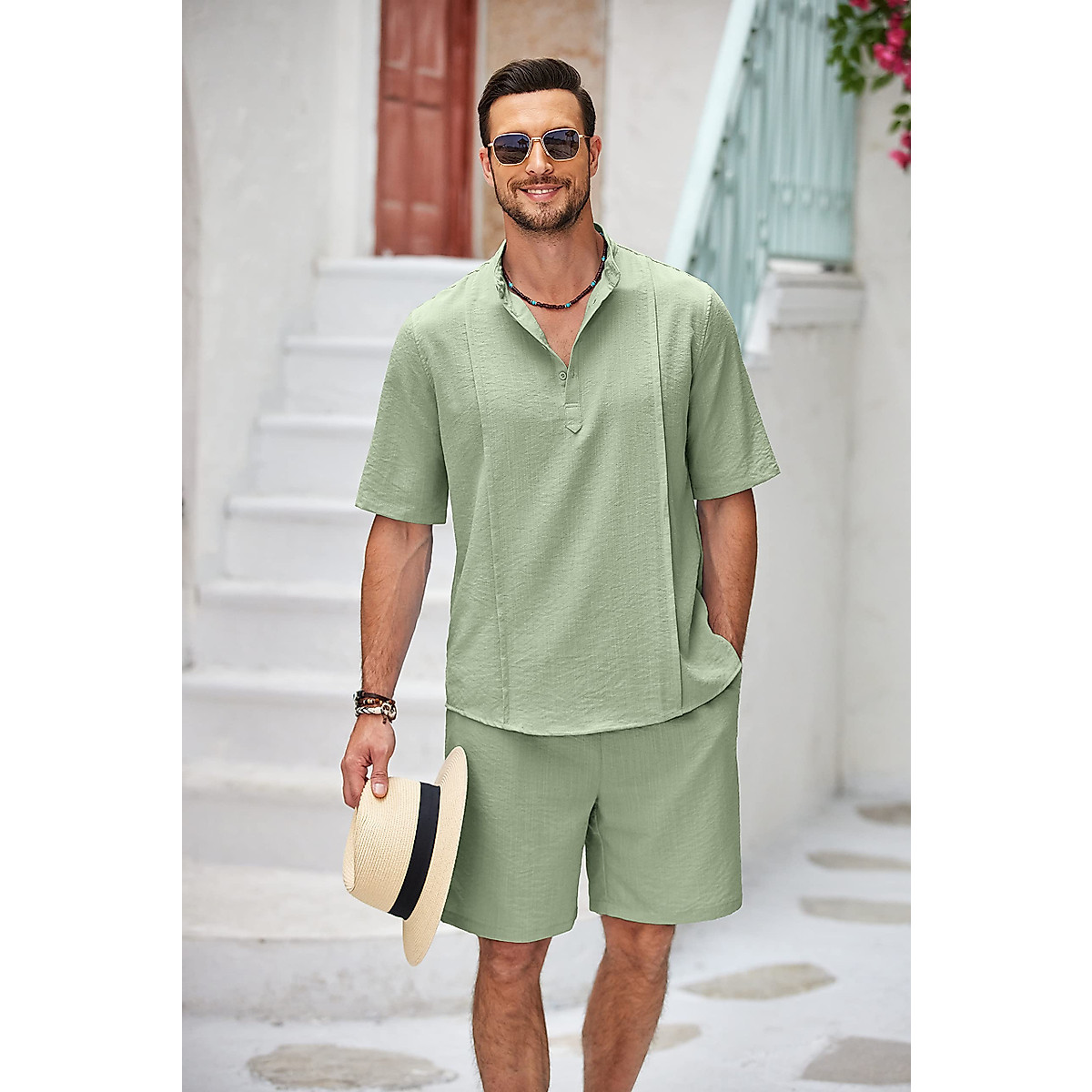 COOFANDY Linen Sets For Men 2 Pieces Henley Shirt Short Sleeve and Shorts With Pockets Sets Beach Yoga Matching Outfits