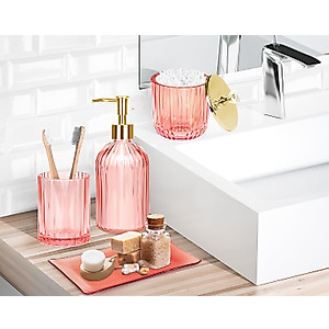Haturi Bathroom Accessories Set, 4 Pcs Pink Glass Bathroom Accessories Sets Complete w/Lotion Soap Dispenser, Toothbrush Holder, Apothecary Jar, Vanity Tray, Bathroom Decor, Gift for Home Apartment
