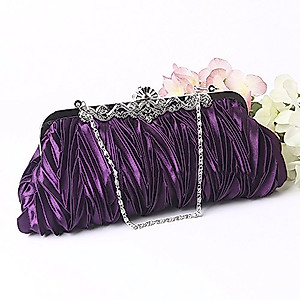 QZUnique Women's Vintage Satin Clutch Purse Pleated Crystal Evening Handbag Shoulder Bag Purple