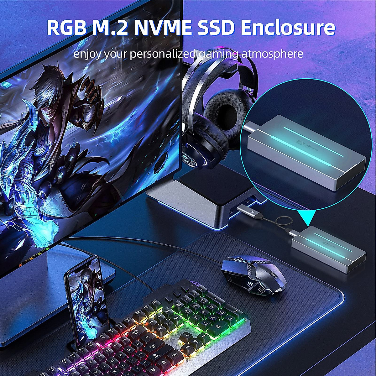 RGB M.2 NVME SSD Enclosure for Gaming, SANZANG USB 3.1 Gen 2(10 Gbps) Type C to NGFF NVME PCIe M-Key(B&M Key) External Solid State Drive Enclosure, Support UASP Trim for SSDs Size 2280/2260/2242/2230