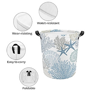 Laundry Basket Ocean Coastal Coral Starfish Seahorse,Waterproof Collapsible Clothes Hamper Blue Sealife Sea Shell,Large Storage Bag for Bedroom Bathroom