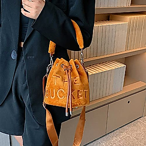 Qiayime Bucket Bag for Women, Mini Shoulder Bag Purses Soft Plush Top-Handle Crossbody Bucket Bag Drawstring Handbag Hobo Bag (Brown)