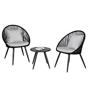 COBANA 3 Piece Patio Bistro Set, Outdoor Conversation Balcony Furniture Set with Glass Top Table and Cushioned Chairs, Black