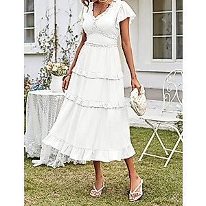 MEROKEETY Womens Summer Casual V Neck Ruffle Sleeve High Waist Smocked Flowy Midi Dress, White, M