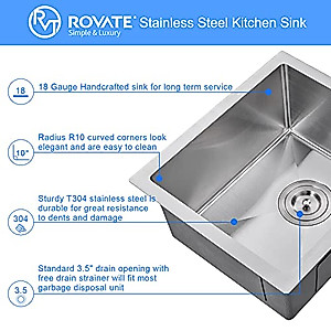 Bar Sink, ROVATE 15 x 17 inch Undermount Bar Sink, Handmade Single Bowl T-304 Stainless Steel Small Kitchen Sink with Strainer