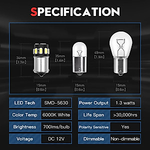 VEHICODE 12V White 67 89 97 631 5007 5008 R5W R10W 1156 LED Bulb Mini BA15S for Car License Plate Reverse Under Hood RV 1003 1141 Interior Dome Light Motorcycle 7506 P21W Signal Lamp (2 Pack)