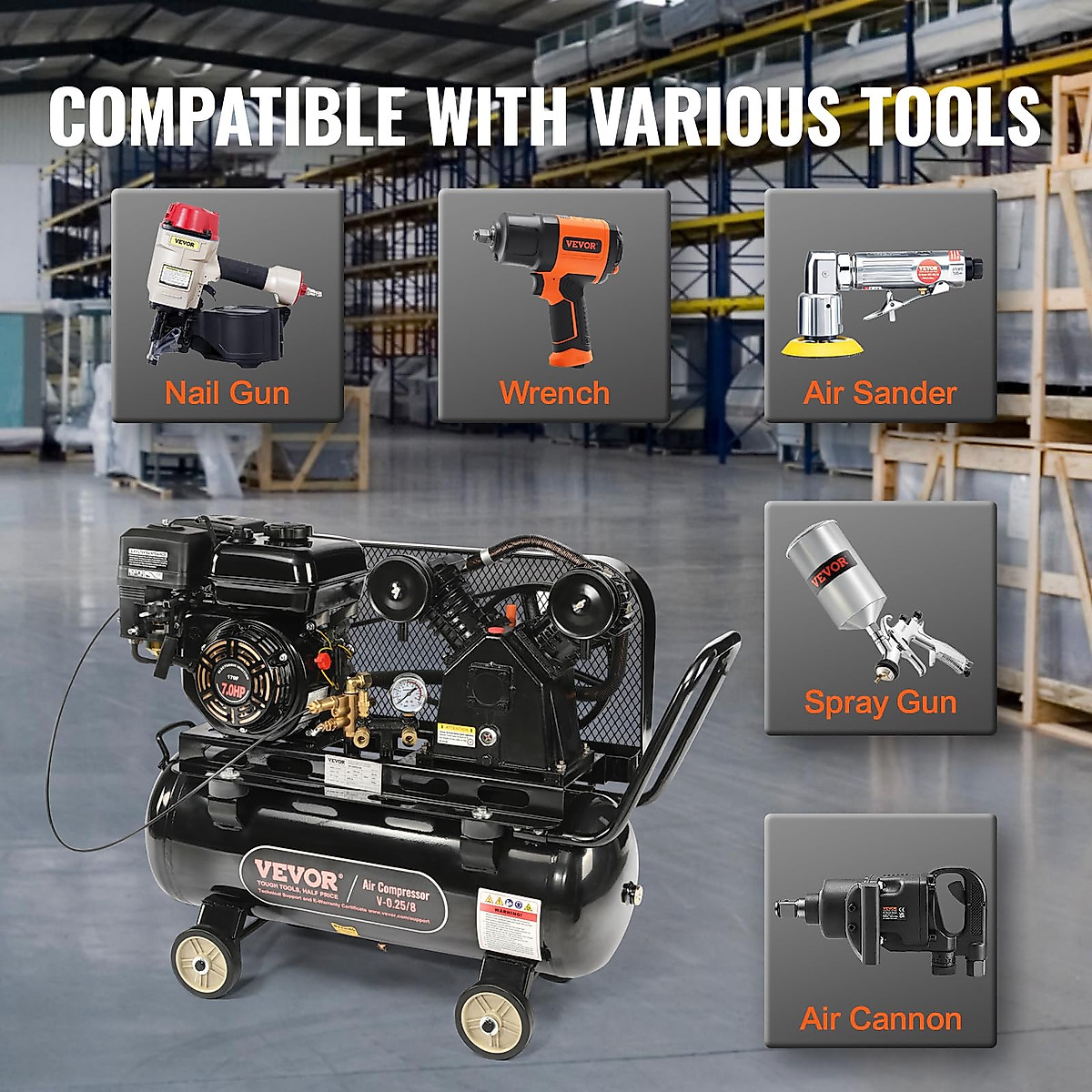 VEVOR 7HP Gas Powered Air Compressor, 13.2 Gallon Horizontal Air Compressor Tank, 9CFM@115PSI Gas Driven Piston Pump Air Compressed System with 115PSI Max Pressure for Construction Sites Workshop