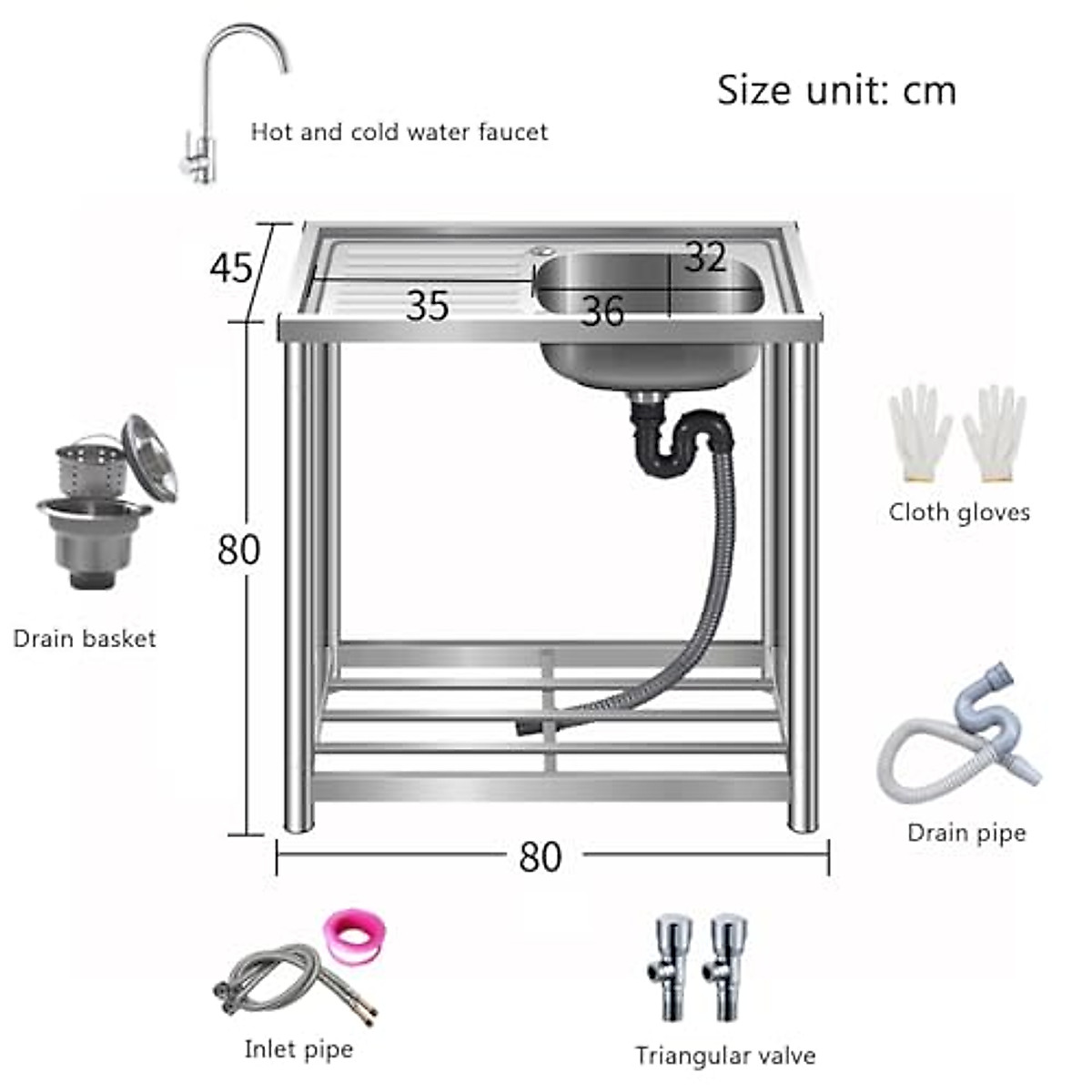 Stainless Steel Utility Sink,Single Bowl Free Standing Commercial Garage Laundry Room Indoor Outdoor Kitchen Sinks,Washing Hand Basin with Cold and Hot Water,for Farmhouse,Shop,Bathroom,Bar,Camping (