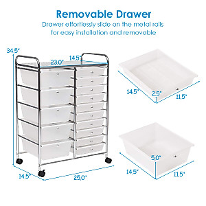 Giantex 15 Drawer Rolling Storage Cart Tools Scrapbook Paper Office School Organizer, Clear