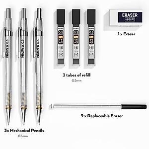 Nicpro 3 PCS 0.5 mm Art Mechanical Pencil Set with Case, Drafting Pencil 0.5mm with 3 Tubes HB Lead Refills, Eraser for School Supplier, Architect Art Writing, Drafting, Drawing, Sketching