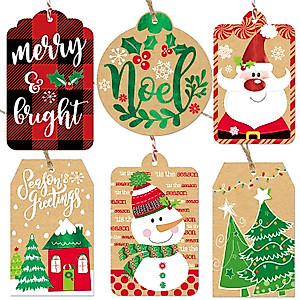 Christmas Gift Tags 60 Count with Untied String (15 Assorted Foil, Printed Designs for Xmas Holiday Present Wrapping)