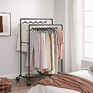 SONGMICS Industrial-Style Pipe Clothes Rack Bundle with 30 Clothes Hangers, Rolling Garment Rack with Bottom Storage Shelf, Velvet Hangers with Adjustable Clips, Black UHSR60B and UCRF12B30