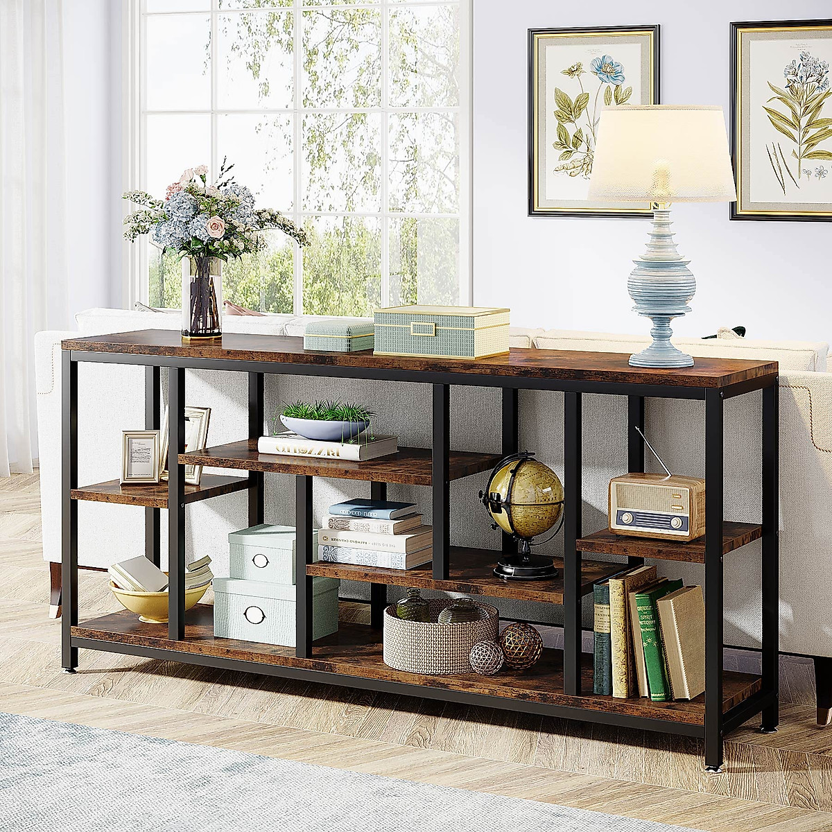 LITTLE TREE 70.9 inch Extra Long Console Sofa Table Behind Couch 3-Tier Industrial Narrow Entryway Hallway Accent Table for Living Room, Rustic Brown