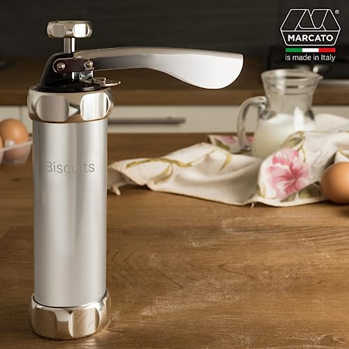 MARCATO Atlas Biscuit Maker Press, Made in Italy, Includes 20 Cookie Disc Shapes, Classic Silver