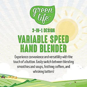 GreenLife 500-Watt Immersion Electric Handheld Stick Blender with Stainless Steel Blades, Whisk, Frother, Measuring Cup and Lid, Soups, Puree, Cake, Multi-Speed Control, Portable, Turquoise