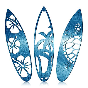 3 Pieces Metal Surf Board Wall Decor Summer Metal Surfboard Beach Signs Tiki Bar Metal Novelty Surfboard Sign Tropical Surf Board Palm Tree Wall Art for Wall and Door Outside (Blue)