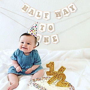 Half Way To One Banner for Baby - Baby 1/2 Birthday Party Decorations,Half Birthday Banner For Boys Girls,Neutral Rustic Baby Shower Party Decor,Six Months Baby Happy Birthday Banner Photo Props (HALF
