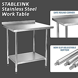 STABLEINK NSF Stainless Steel Table, 24 x 30 Inches Metal Prep & Work Table with Backsplash, Adjustable Undershelf and Table Foot, for Commercial Kitchen, Restaurant (Without Caster Wheels)