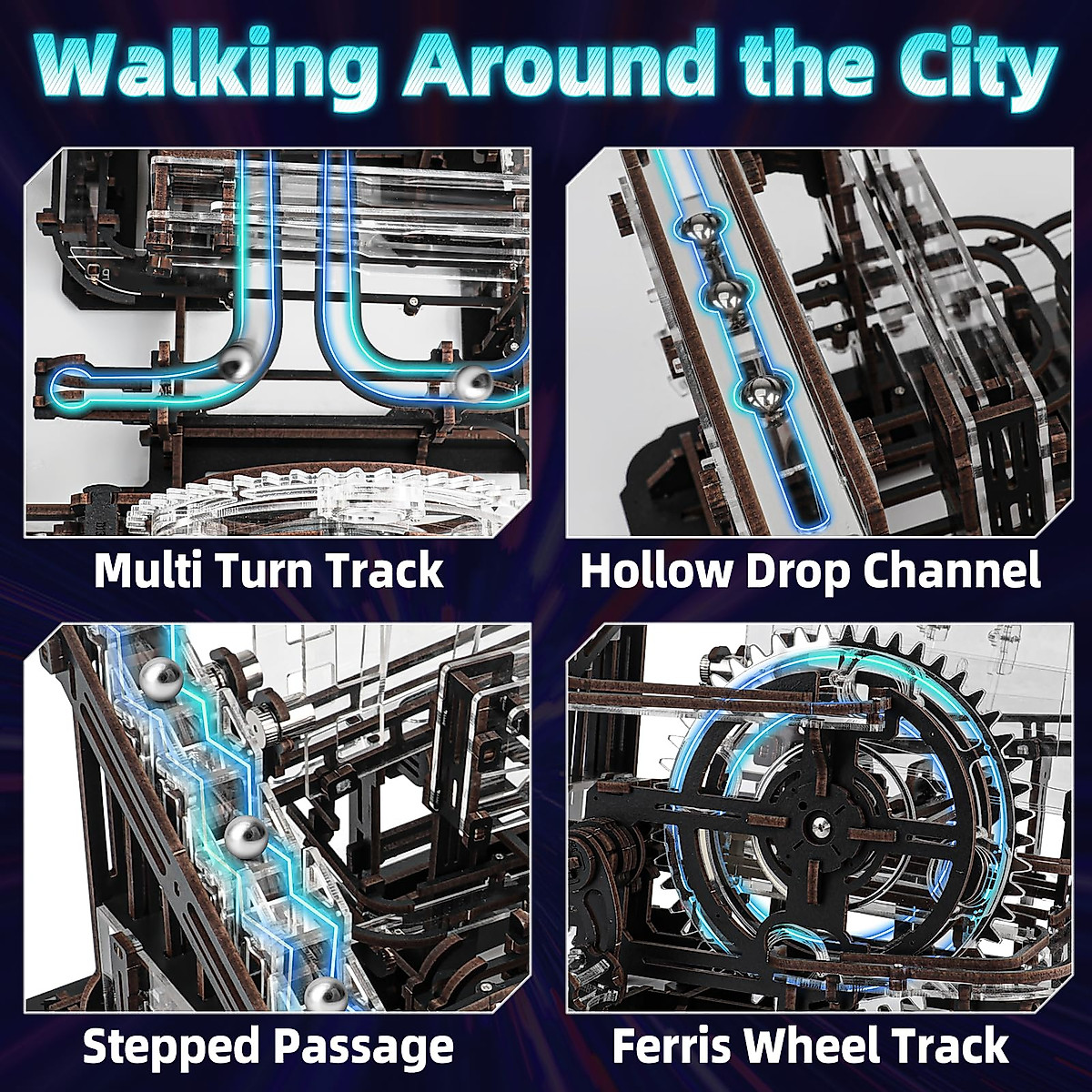 OWNONE 1 3D Wooden Puzzle Marble Run with LED Lights, Wooden Model Building Kits for Adults, Wood Mechanical Puzzle Building Set, Office Desk Decor Gift for Men Adults (312 PCS)