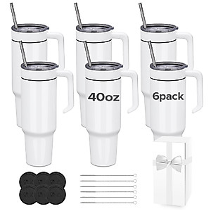 FASTSUB Glitter 40 OZ Sublimation Tumbler with Handle 6 Pack and Glossy 40 OZ Sublimation Tumbler with White Handle 6 Pack