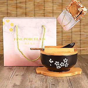 YingXue Japanese Cuisine Bowl (6.3 by 3.15 In) Set with Wooden Lid, Soup Spoon, Wooden Chopsticks, Bamboo Tray, Ceramics Sakura Ramen bowl, Ceramic Instant Noodle Bowl, Salad Bowl Soup Bowl Rice Bowl