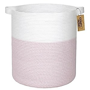 COMFY-HOMI XXL Blanket Basket 18”x16”|Cotton Rope Laundry Basket|Woven Basket for Storage|Gift Basket Empty for Newborn or Infant Gift for Boy Girl, Toy basket for blanket, cloth, towel-White/Pink