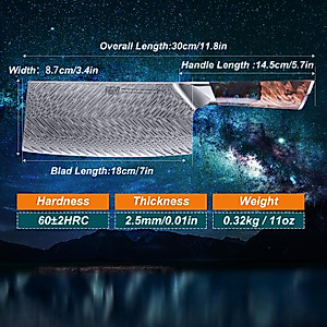 FINDKING Nebula Series Cleaver Knife, Multipurpose Chinese Chef Knife, 10Cr15CoMov Damascus Steel Blade, Resin and Figured Sycamore Handle, Full Tang, 7 Inch, Blue, for Meat, Vegetable Shredding
