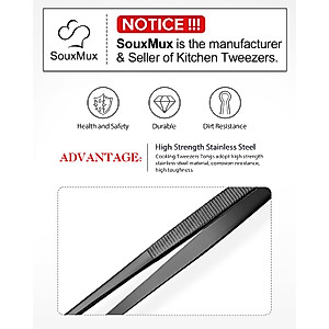 2 Pcs 10-inch Cooking Tweezers Tongs Precision Serrated Tips, Stainless Steel Professional Chef Tweezer Kitchen Tools for BBQ, Plating and Serving (Black)