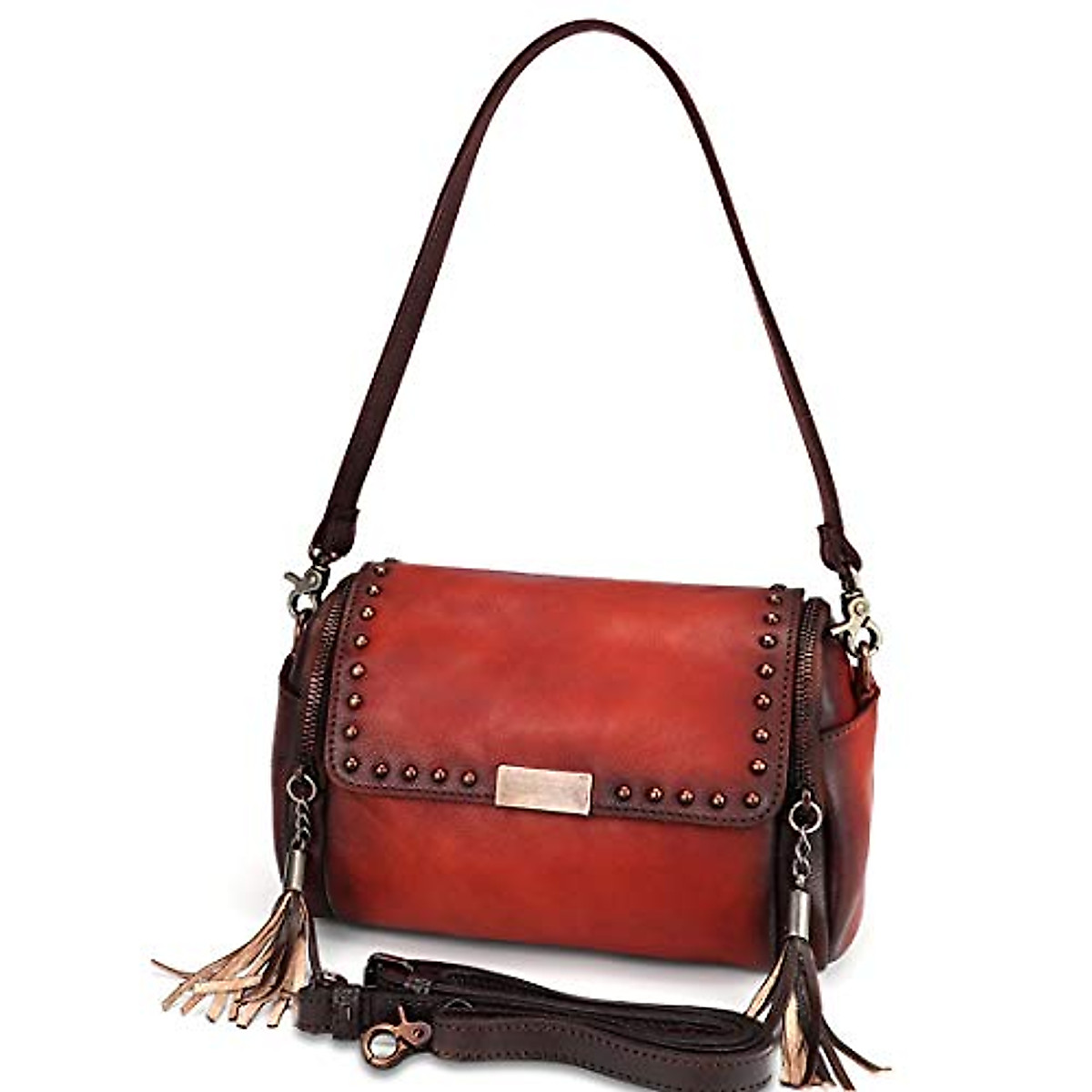 Genuine Leather Crossbody Purse for Women Vintage Handmade Satchel Top Handle Convertible Handbag Shoulder Bag (Red)