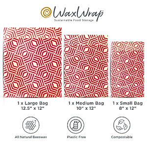WaxWrap Beeswax Wraps For Food, Organic Cotton Food Bags - Sustainable Plastic Bag Alternative, Reusable Snack Bags, Bees Wax Wraps Reusable Food Storage - Assorted 3 Pack (S, M, L)